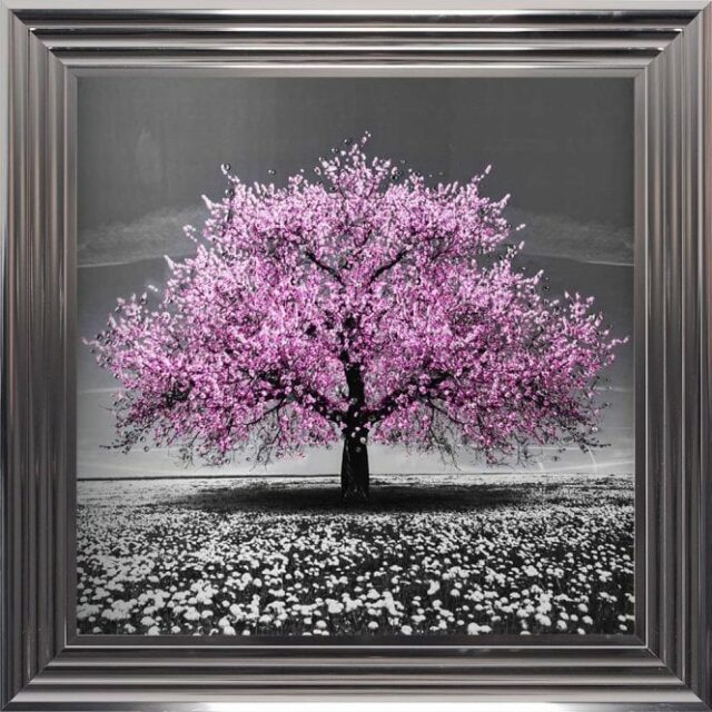 Pink/Teal/White Cherry Tree Framed Liquid Artwork | Abbeygate Lighting